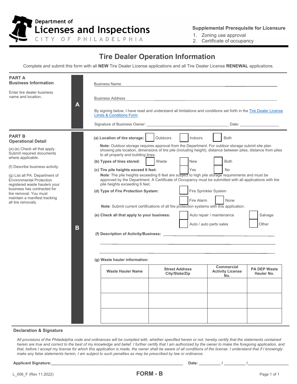 Form B (L_006_F) Download Fillable PDF or Fill Online Tire Dealer ...