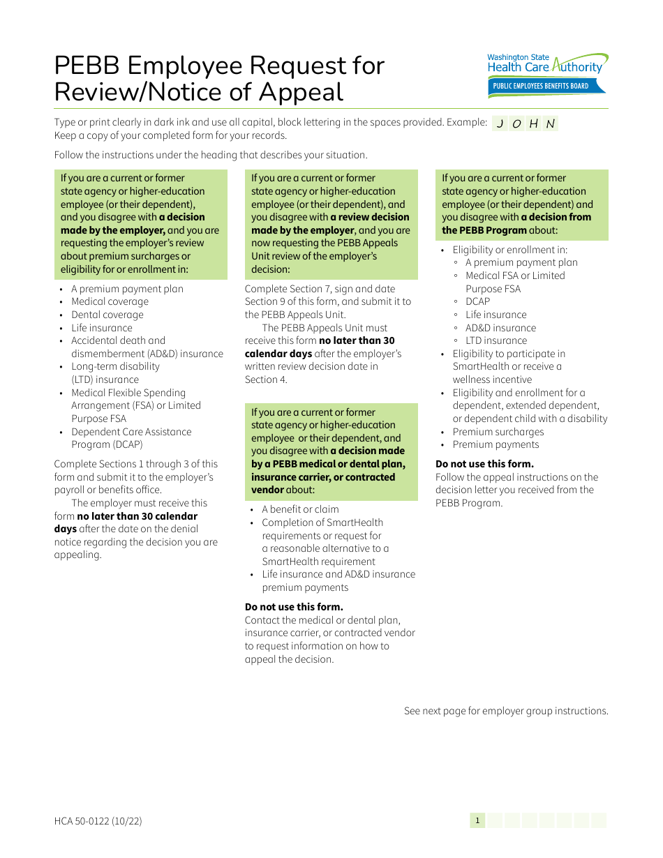 Form HCA50-0122 Download Fillable PDF or Fill Online Pebb Employee ...