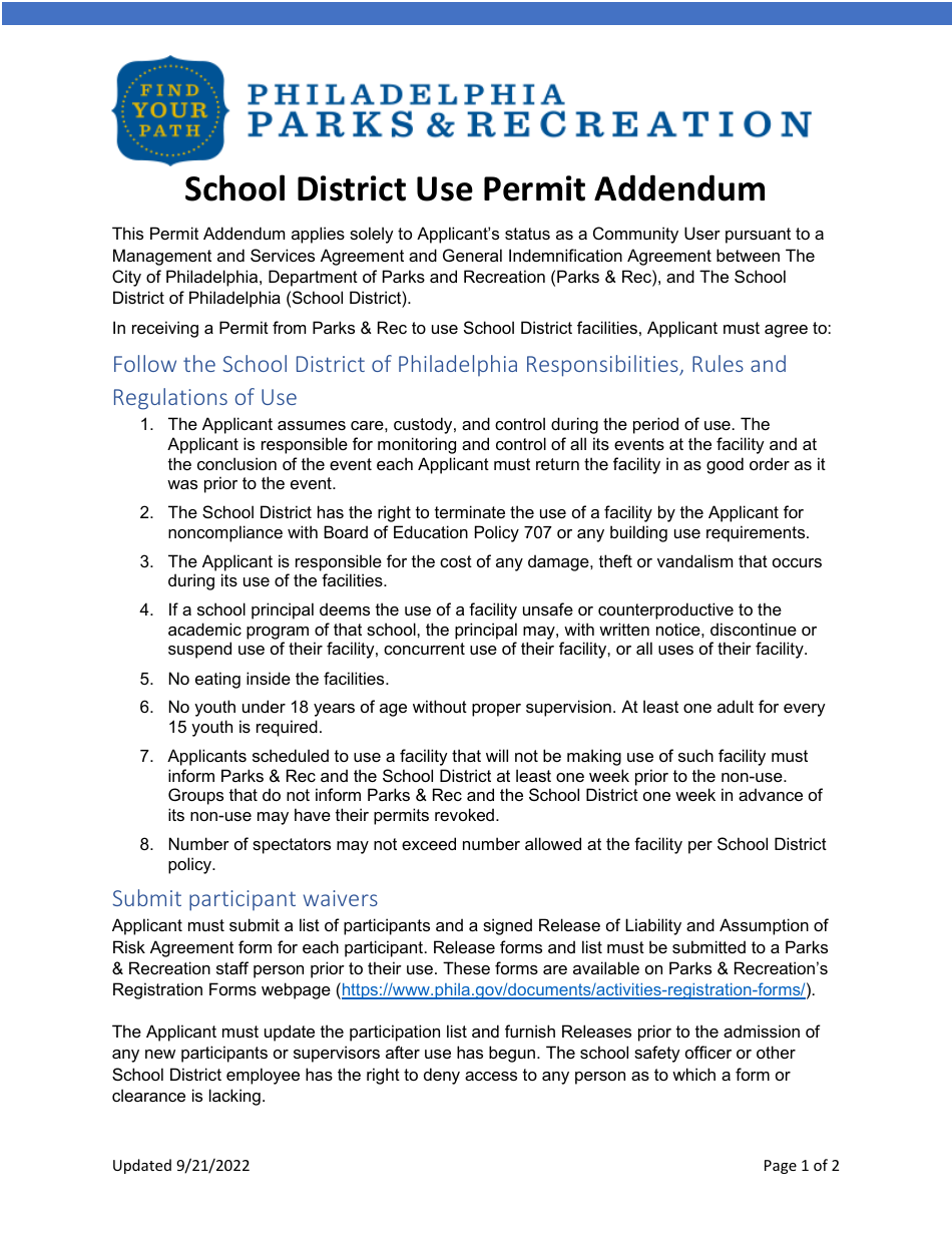 City of Philadelphia, Pennsylvania School District Use Permit Addendum ...