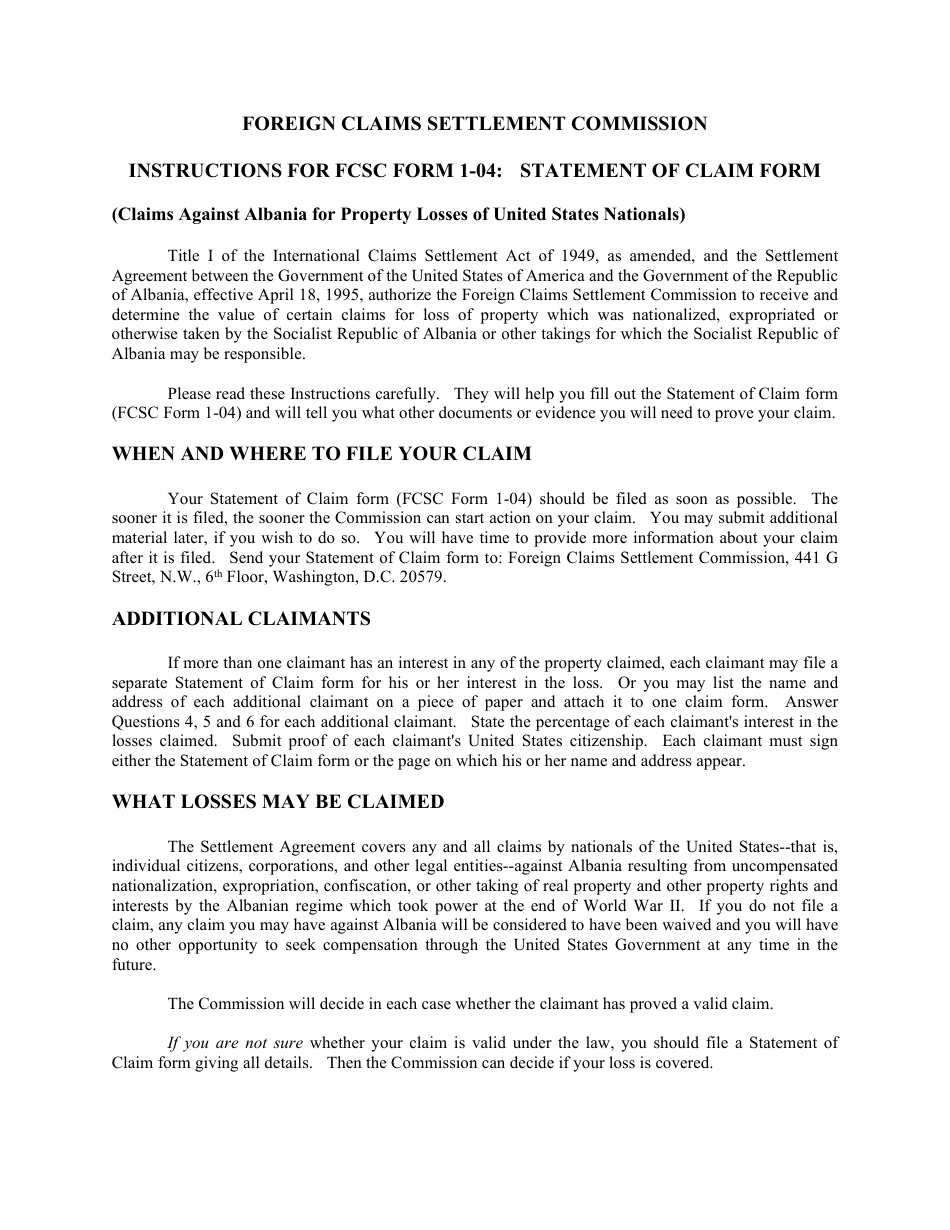 Download Instructions for FCSC Form 1-04 Statement of Claim Form PDF ...