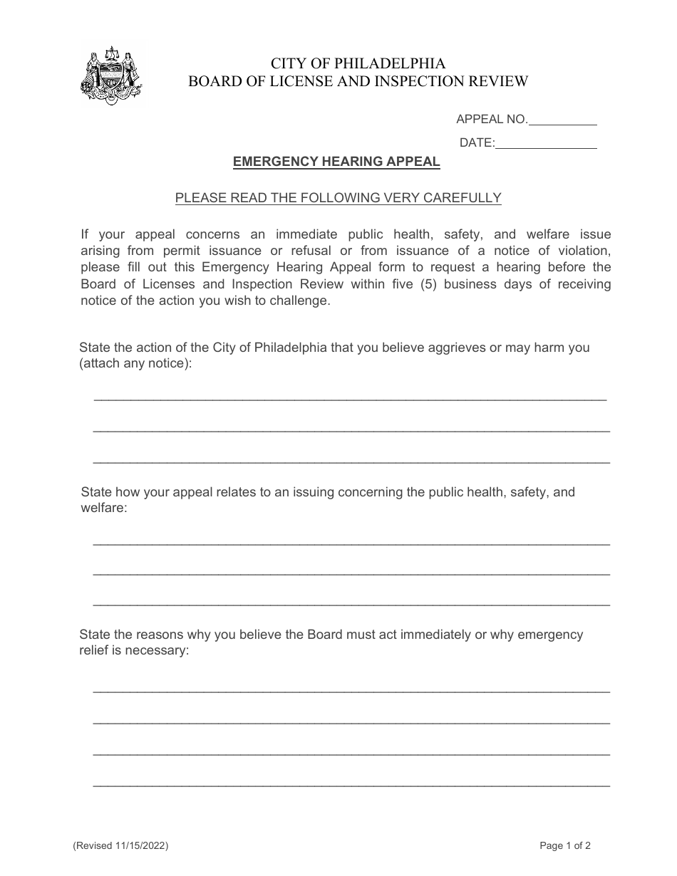 City of Philadelphia, Pennsylvania Emergency Hearing Appeal - Fill Out ...