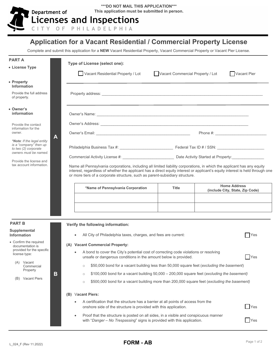 Form AB (L_024_F) Download Fillable PDF or Fill Online Application for ...