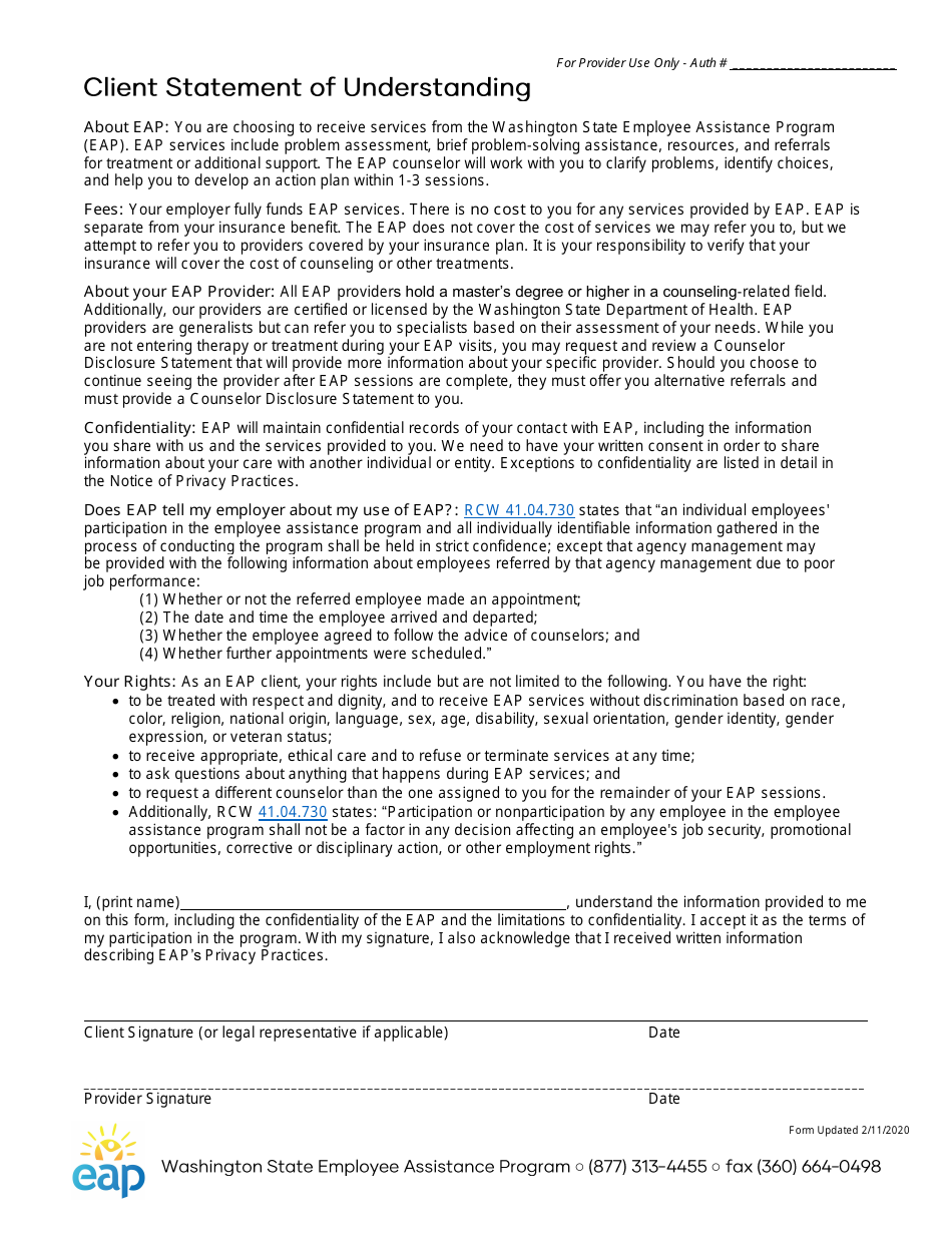 Washington Eap Client Statement of Understanding - Fill Out, Sign ...