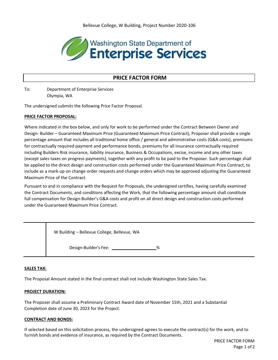 Washington Price Factor Form - Bellevue College - Center for ...