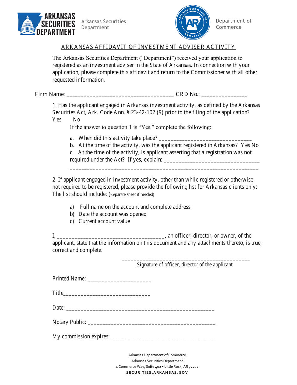 Arkansas Arkansas Affidavit of Investment Adviser Activity - Fill Out ...