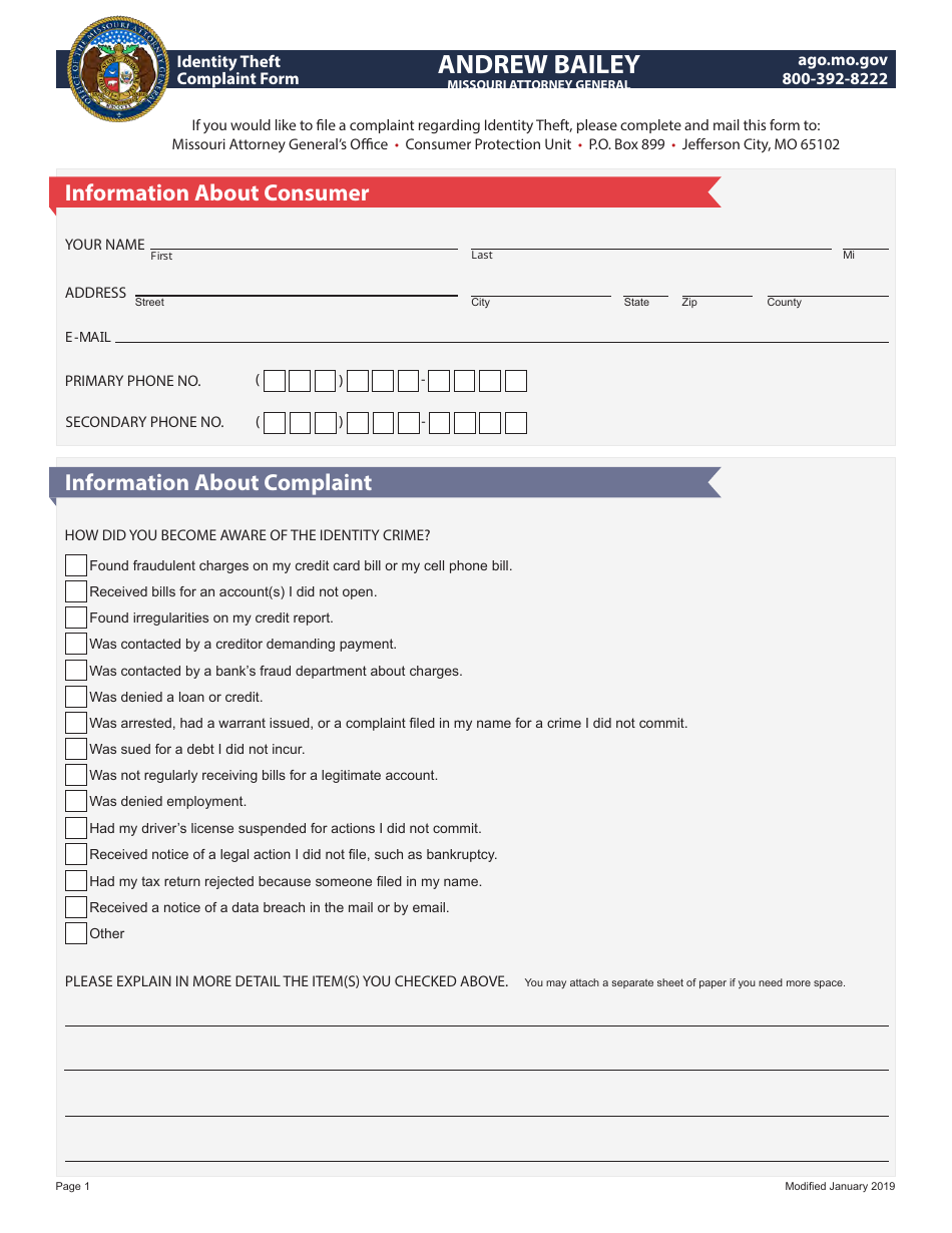 Missouri Identity Theft Complaint Form - Fill Out, Sign Online and ...