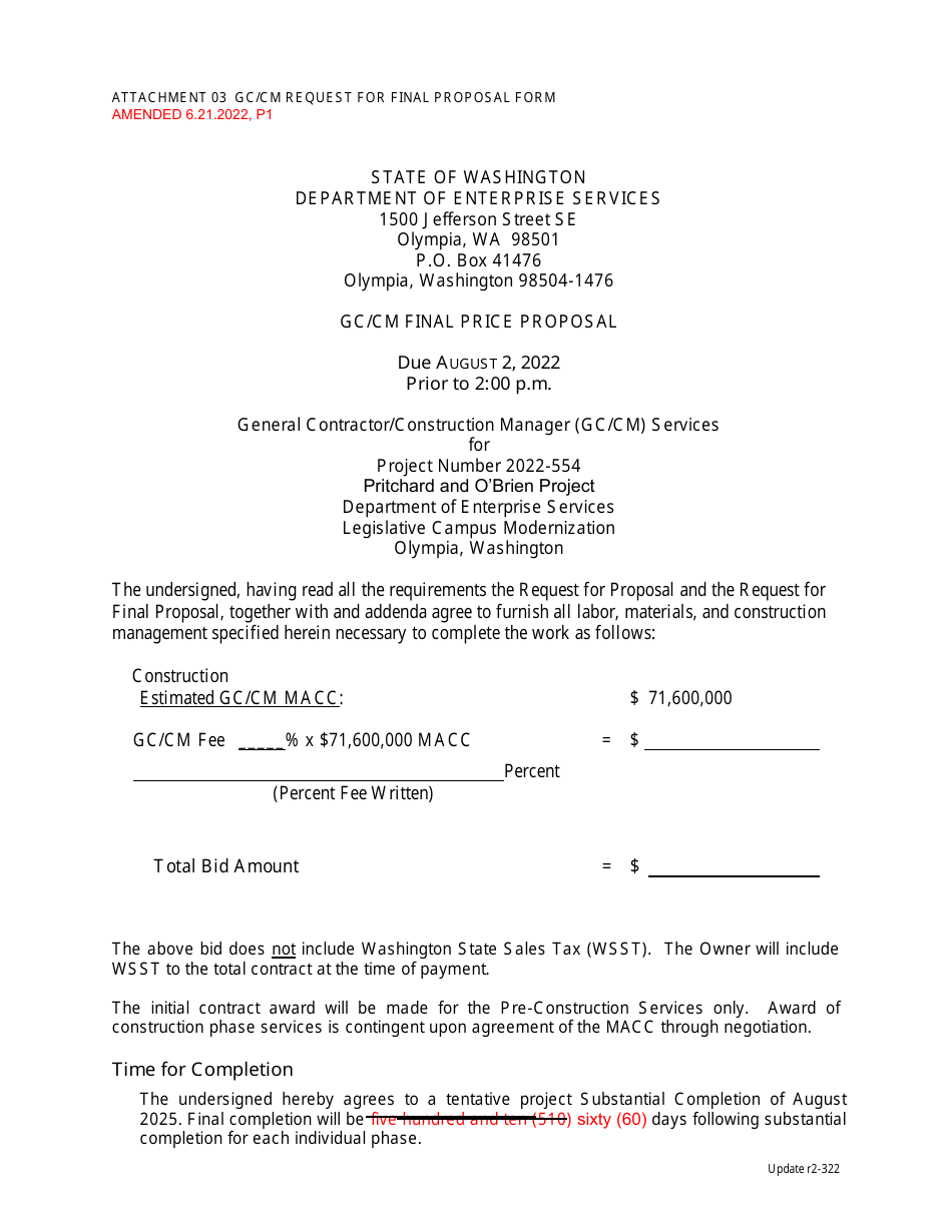 Washington Gc/Cm Final Price Proposal - Fill Out, Sign Online and ...