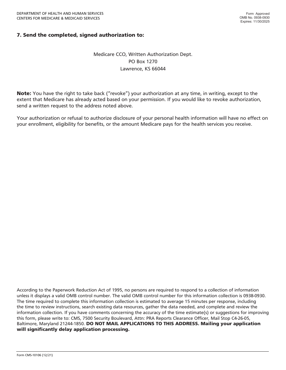 Form CMS-10106 Download Fillable PDF or Fill Online 1-800-medicare Authorization to Disclose ...