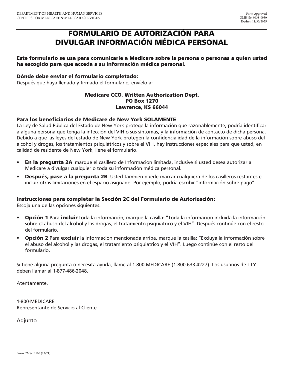 Formulario CMS-10106 - Fill Out, Sign Online and Download Fillable PDF (Spanish) | Templateroller