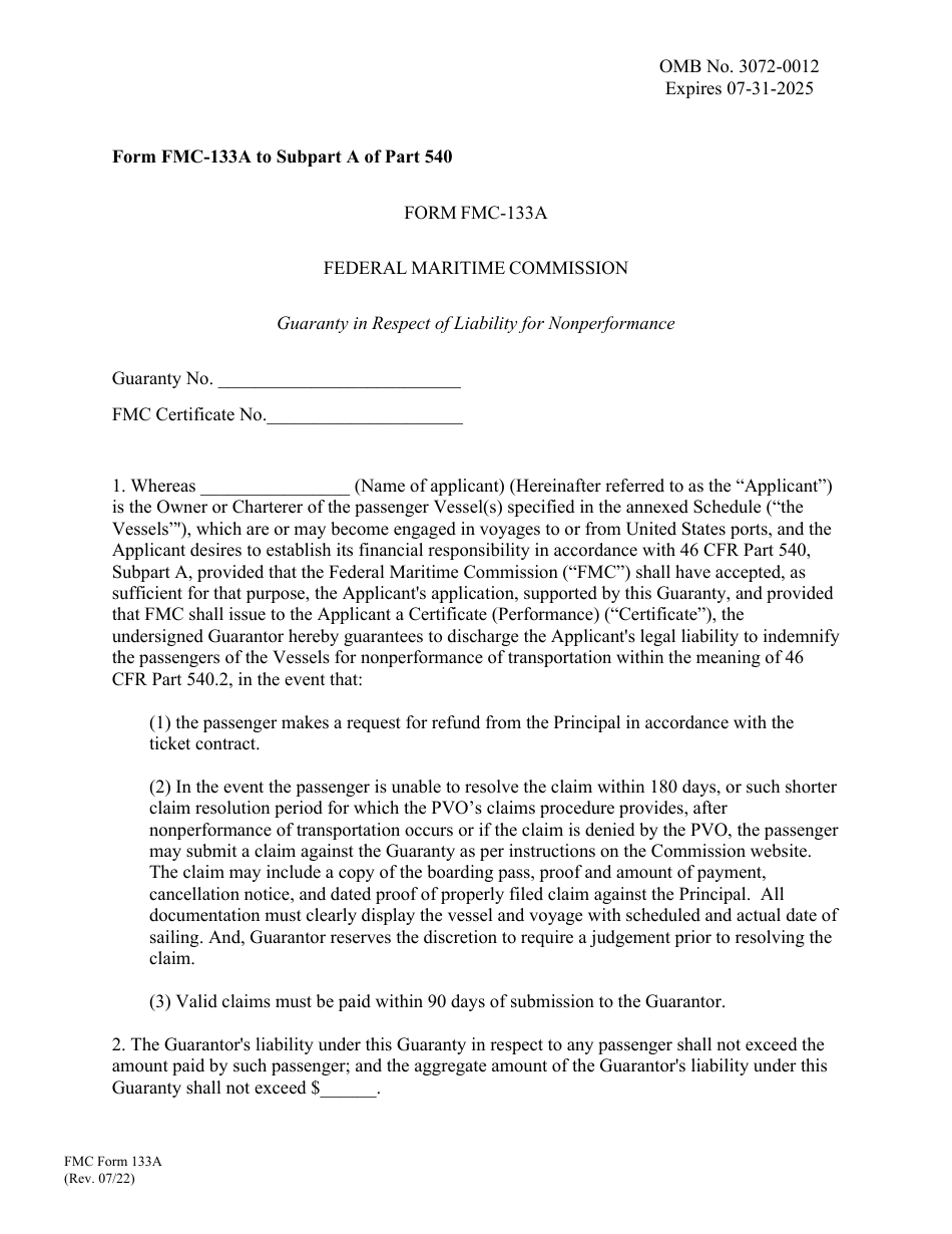 Form FMC-133A - Fill Out, Sign Online and Download Printable PDF ...