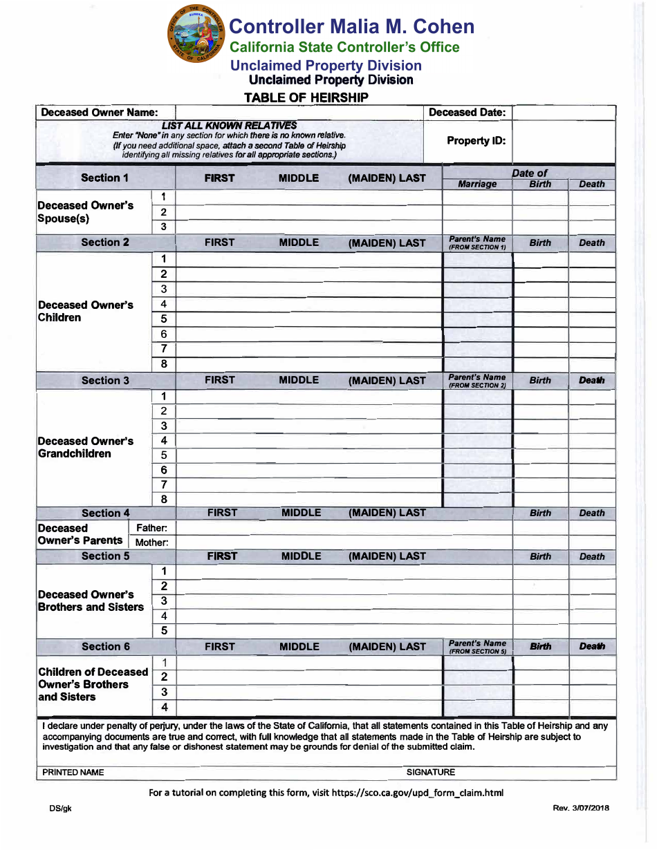 California Table of Heirship - Fill Out, Sign Online and Download PDF ...
