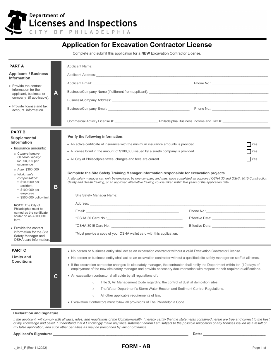 Form AB (L_044_F) Download Fillable PDF or Fill Online Application for Excavation Contractor ...