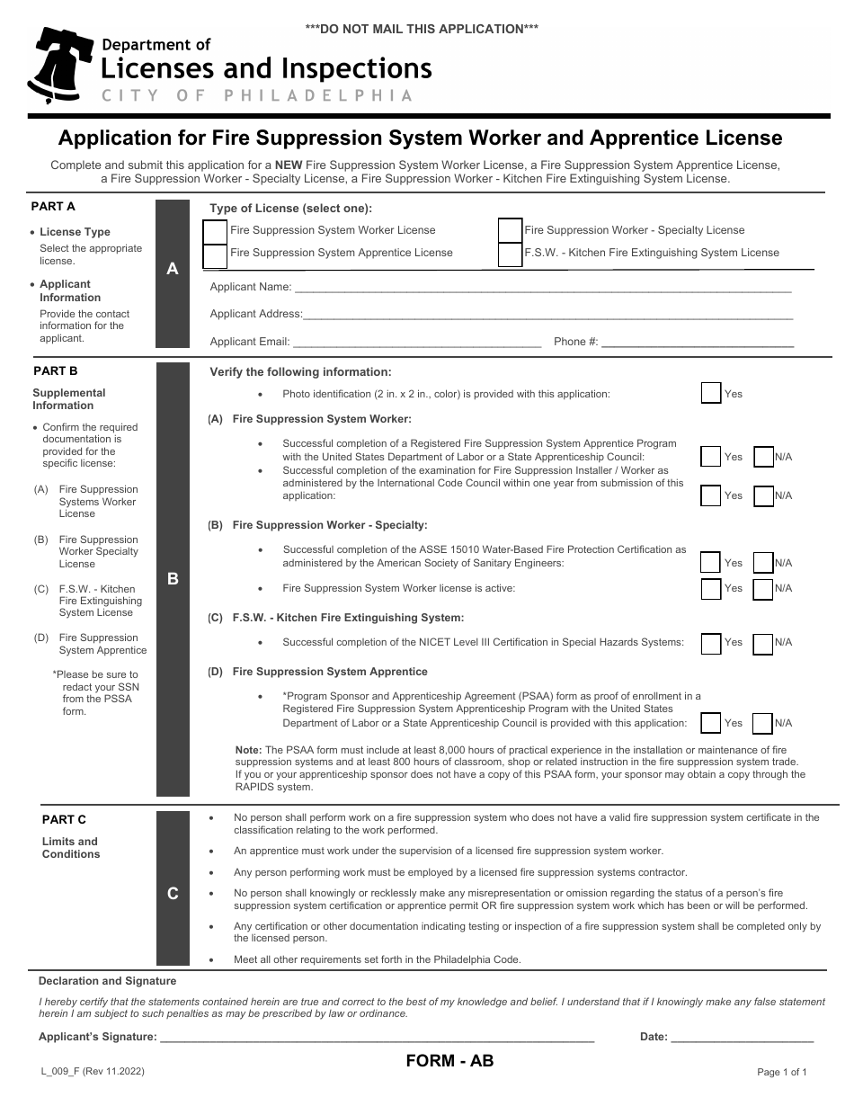 Form AB (L_009_F) Download Fillable PDF or Fill Online Application for Fire Suppression System ...
