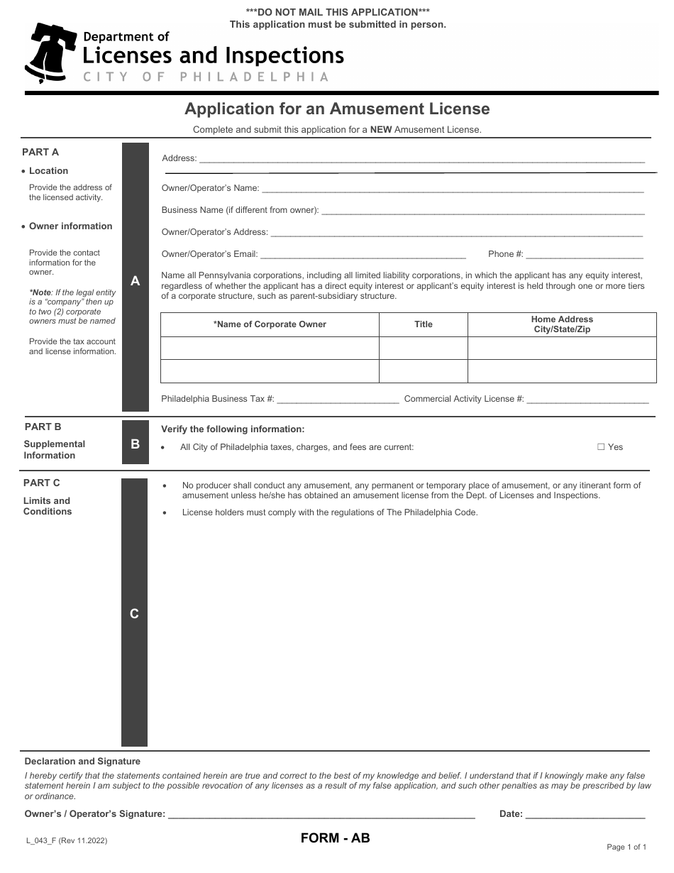 Form AB (L_043_F) Download Fillable PDF or Fill Online Application for ...