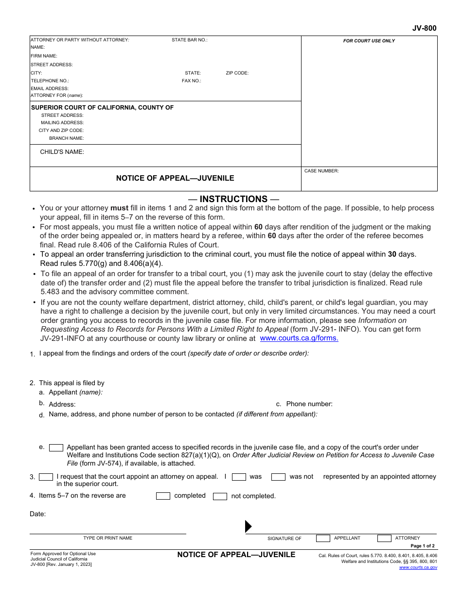 Form JV-800 Download Fillable PDF or Fill Online Notice of Appeal ...