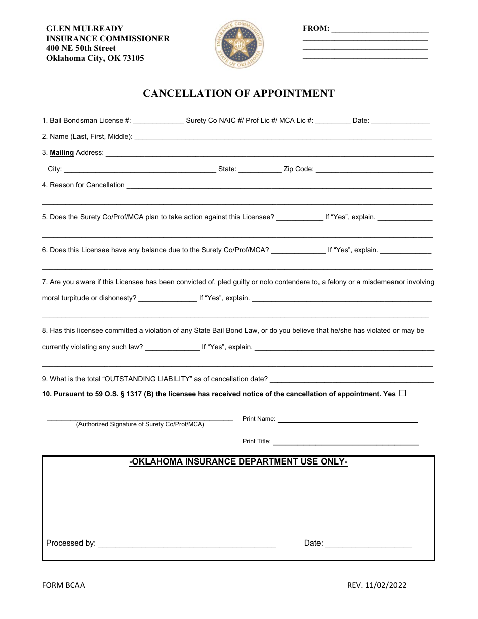 Form BCAA Download Fillable PDF or Fill Online Cancellation of ...