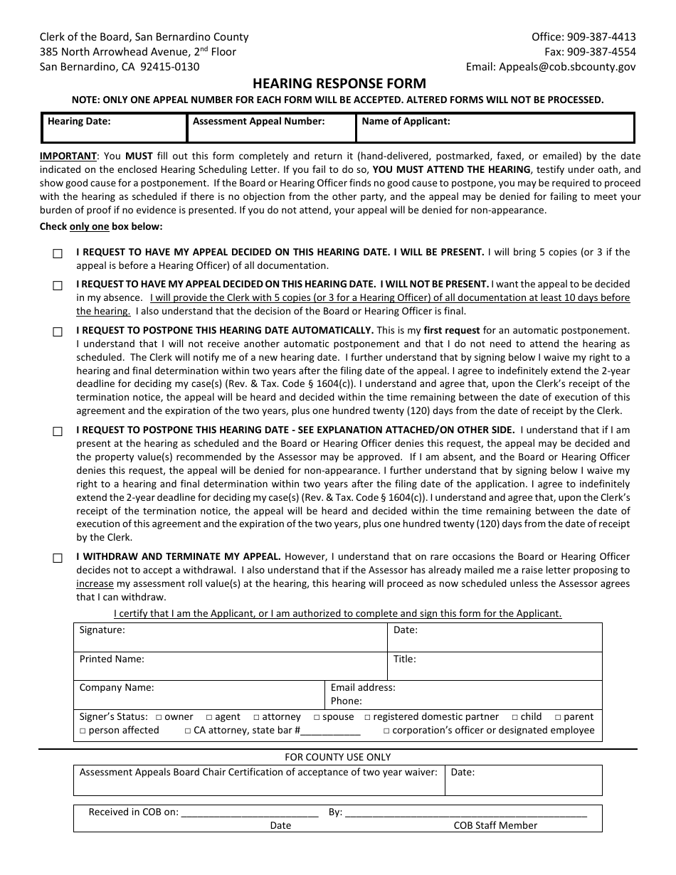 County of San Bernardino, California Hearing Response Form - Fill Out ...