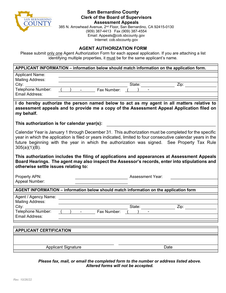 County of San Bernardino, California Agent Authorization Form - Fill ...