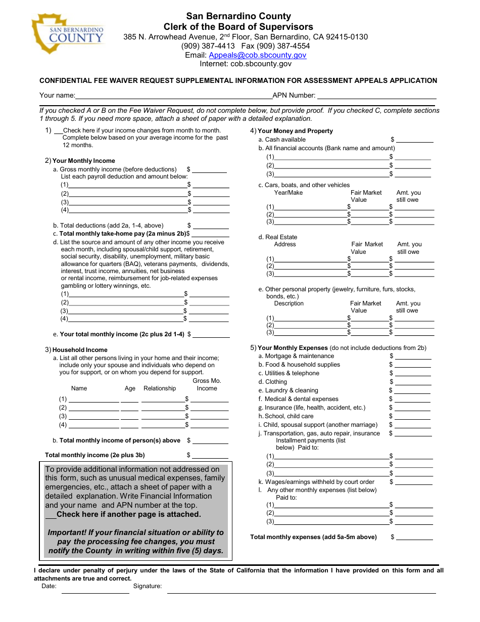 County of San Bernardino, California Confidential Fee Waiver Request ...