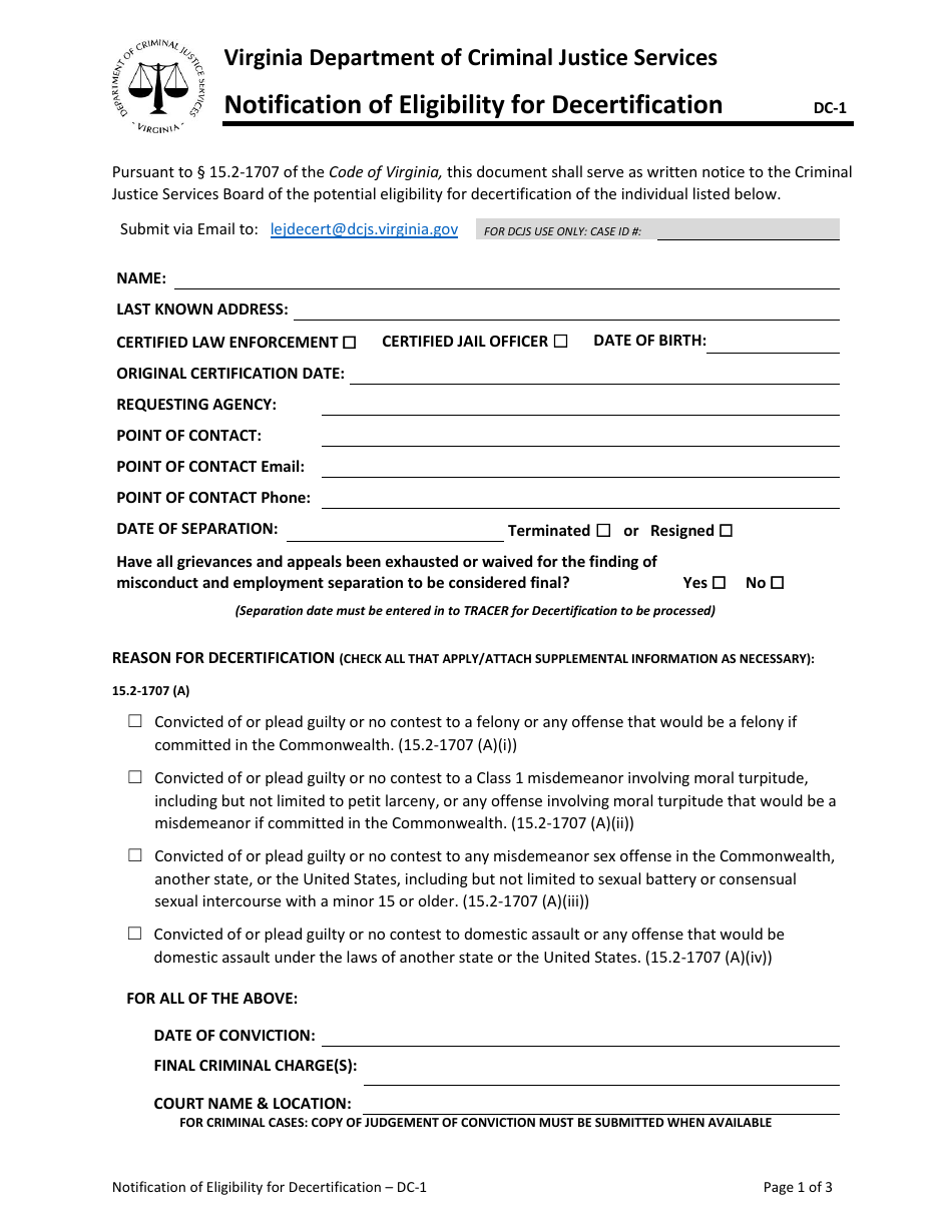 Form DC-1 Download Fillable PDF or Fill Online Notification of ...
