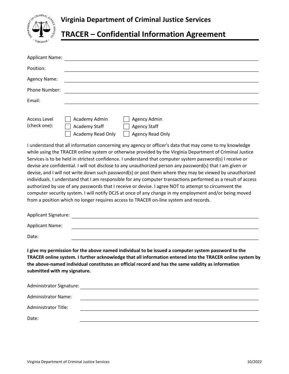 Virginia Tracer - Confidential Information Agreement Download Fillable PDF | Templateroller