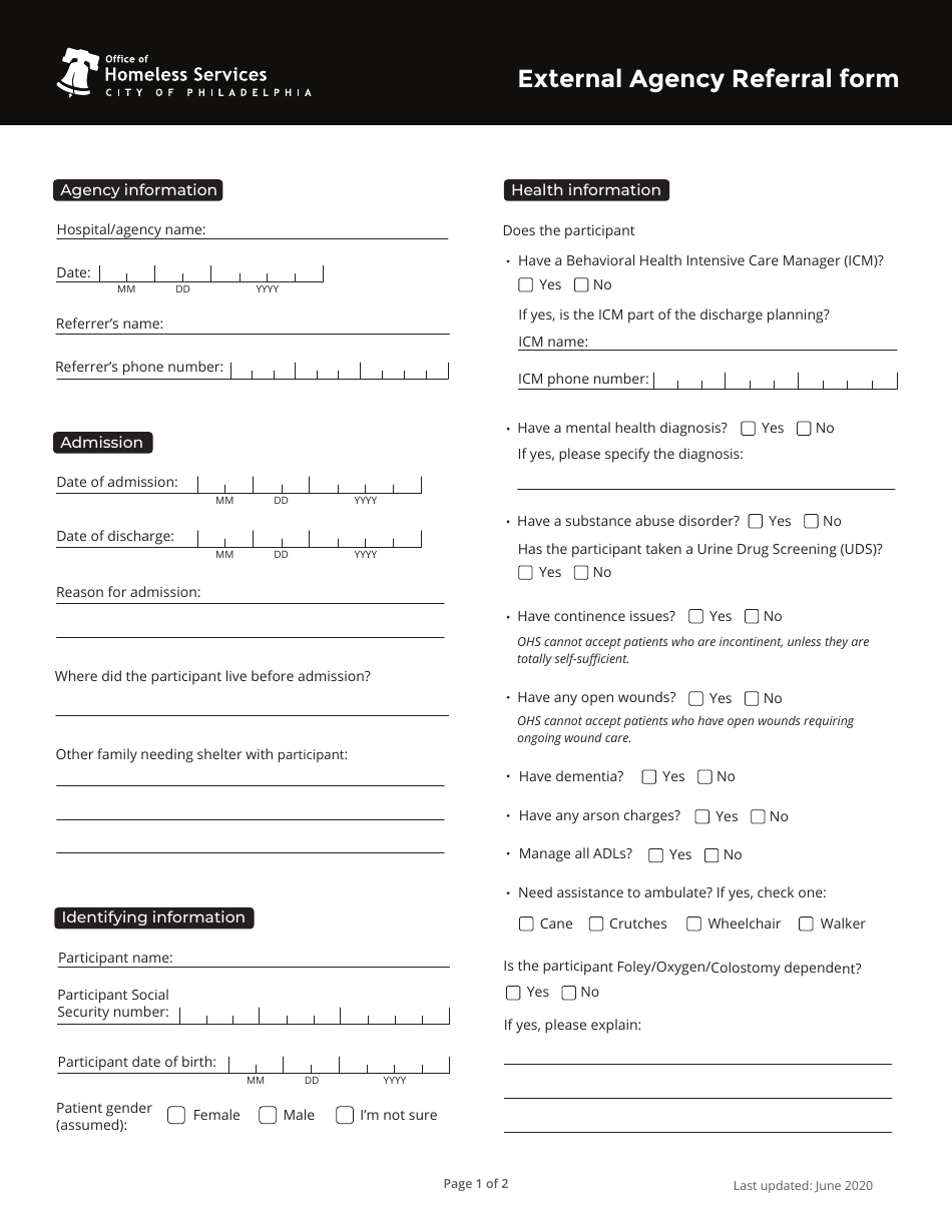 City of Philadelphia, Pennsylvania External Agency Referral Form - Fill ...