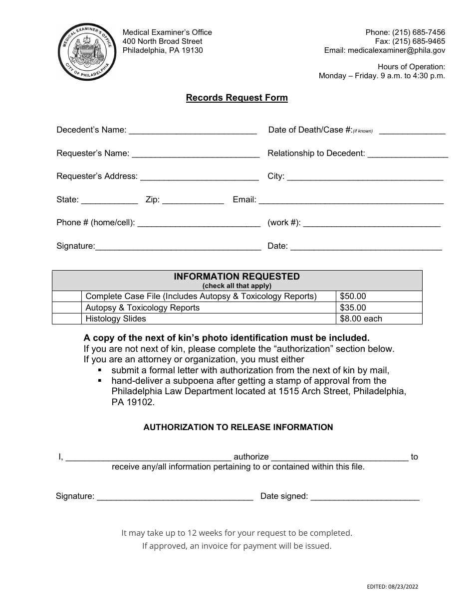 City of Philadelphia, Pennsylvania Records Request Form - Fill Out ...