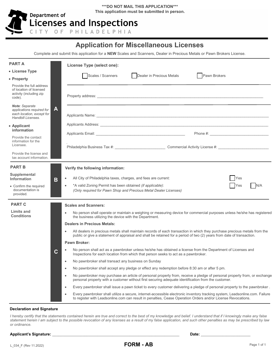 Form AB (L_034_F) Download Fillable PDF or Fill Online Application for ...