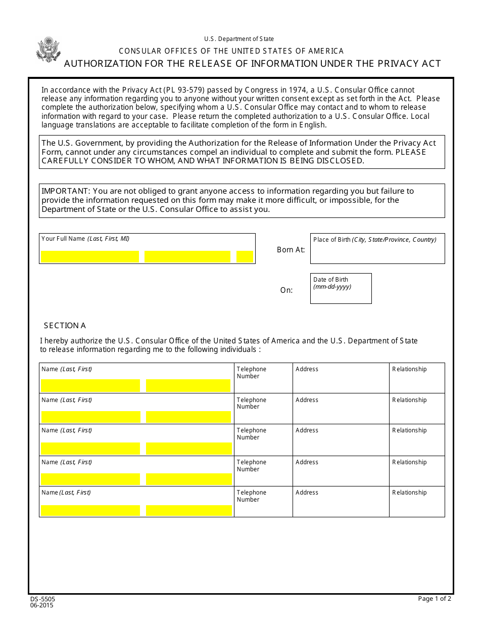 Form DS-5505 - Fill Out, Sign Online and Download Fillable PDF ...