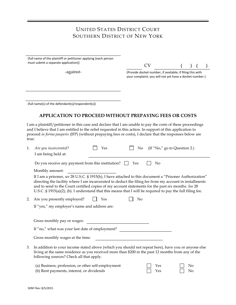 New York Application to Proceed Without Prepaying Fees or Costs - Fill ...