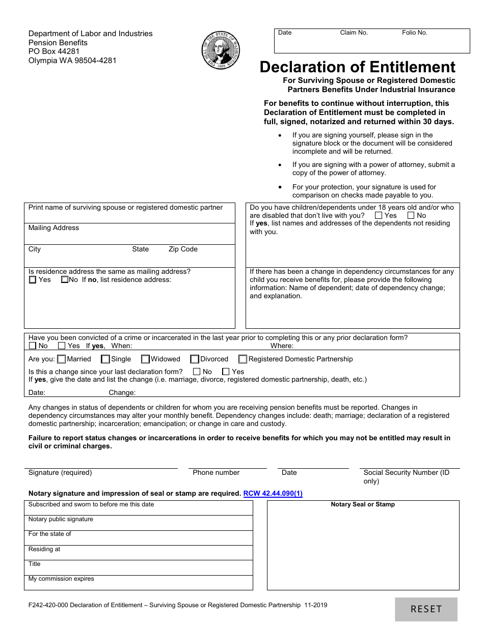 Form F242-420-000 Download Fillable PDF or Fill Online Declaration of Entitlement for Surviving ...