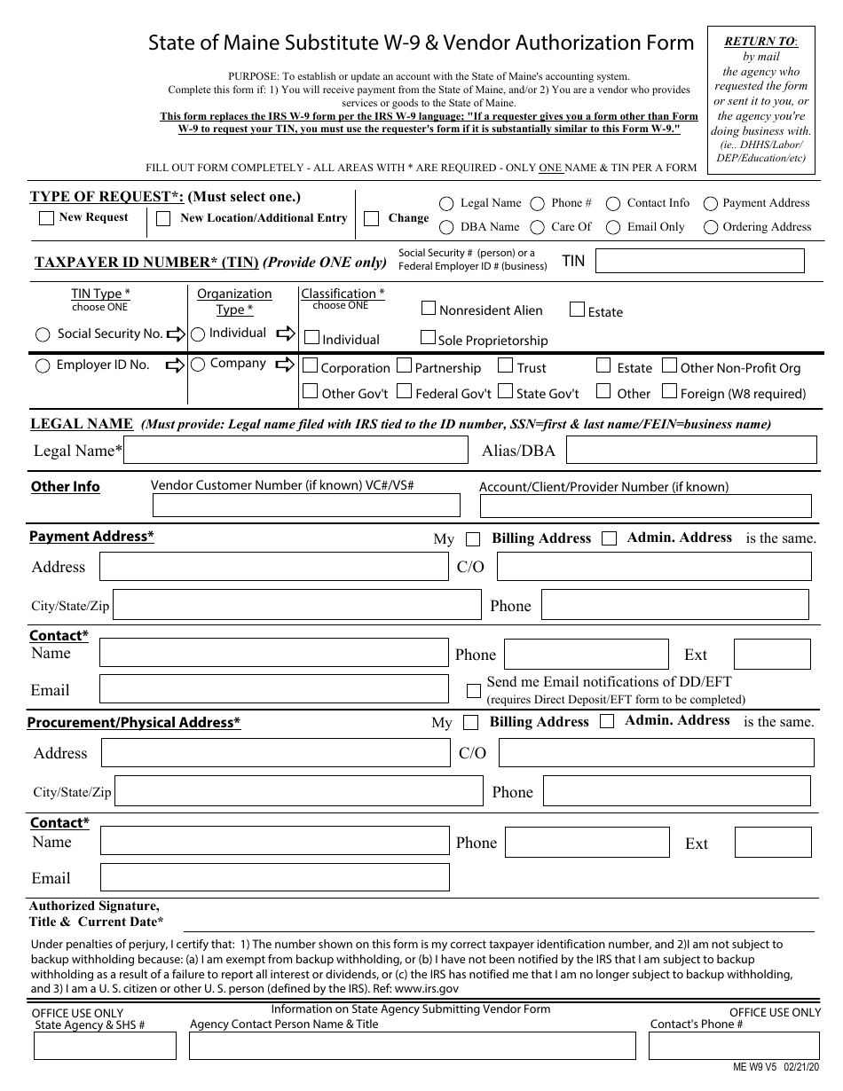 Form W-9 Download Fillable PDF or Fill Online State of Maine Substitute W-9 & Vendor ...