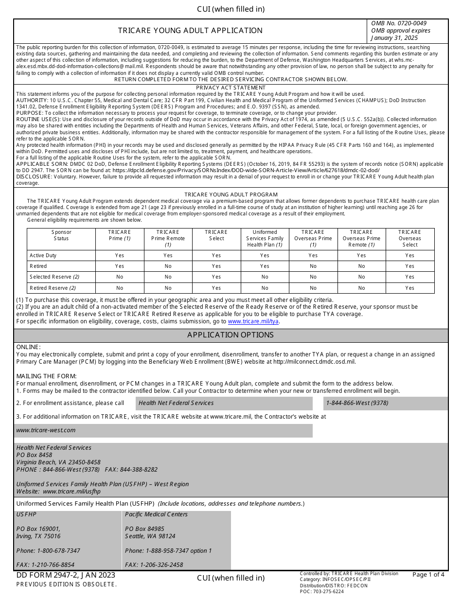 DD Form 2947-2 Download Fillable PDF or Fill Online TRICARE Young Adult ...