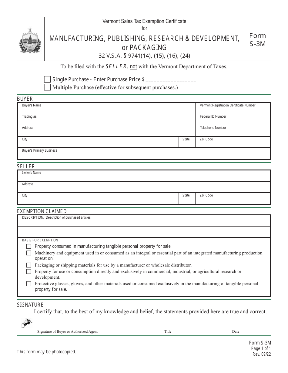 VT Form S-3M Download Printable PDF or Fill Online Vermont Sales Tax ...