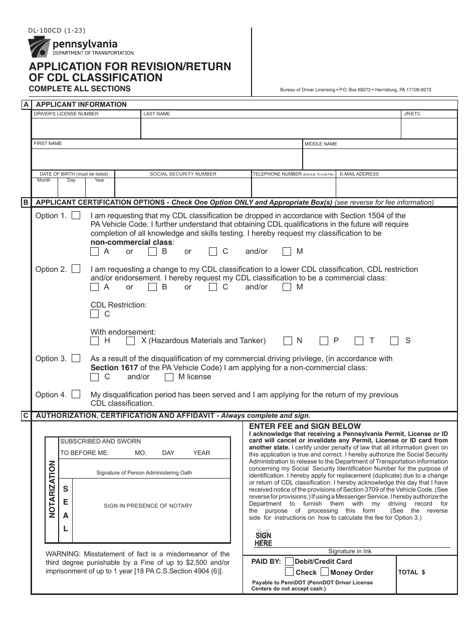 Form DL-100CD Download Fillable PDF or Fill Online Application for ...