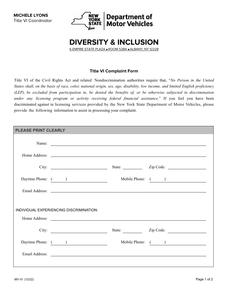 Form MV-VI Download Fillable PDF or Fill Online Title VI Complaint Form ...