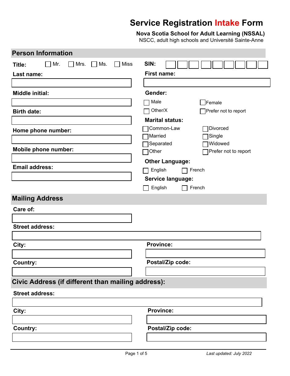Nova Scotia Canada Service Registration Intake Form - Nova Scotia ...