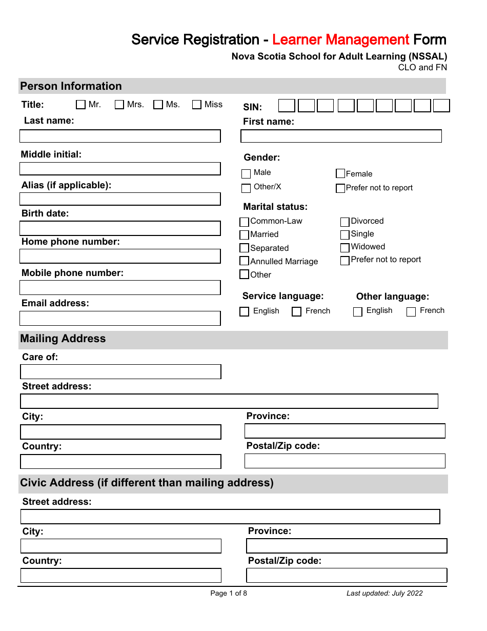 Nova Scotia Canada Service Registration - Learner Management Form ...