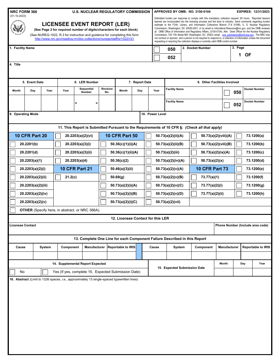 NRC Form 366 - Fill Out, Sign Online and Download Fillable PDF ...