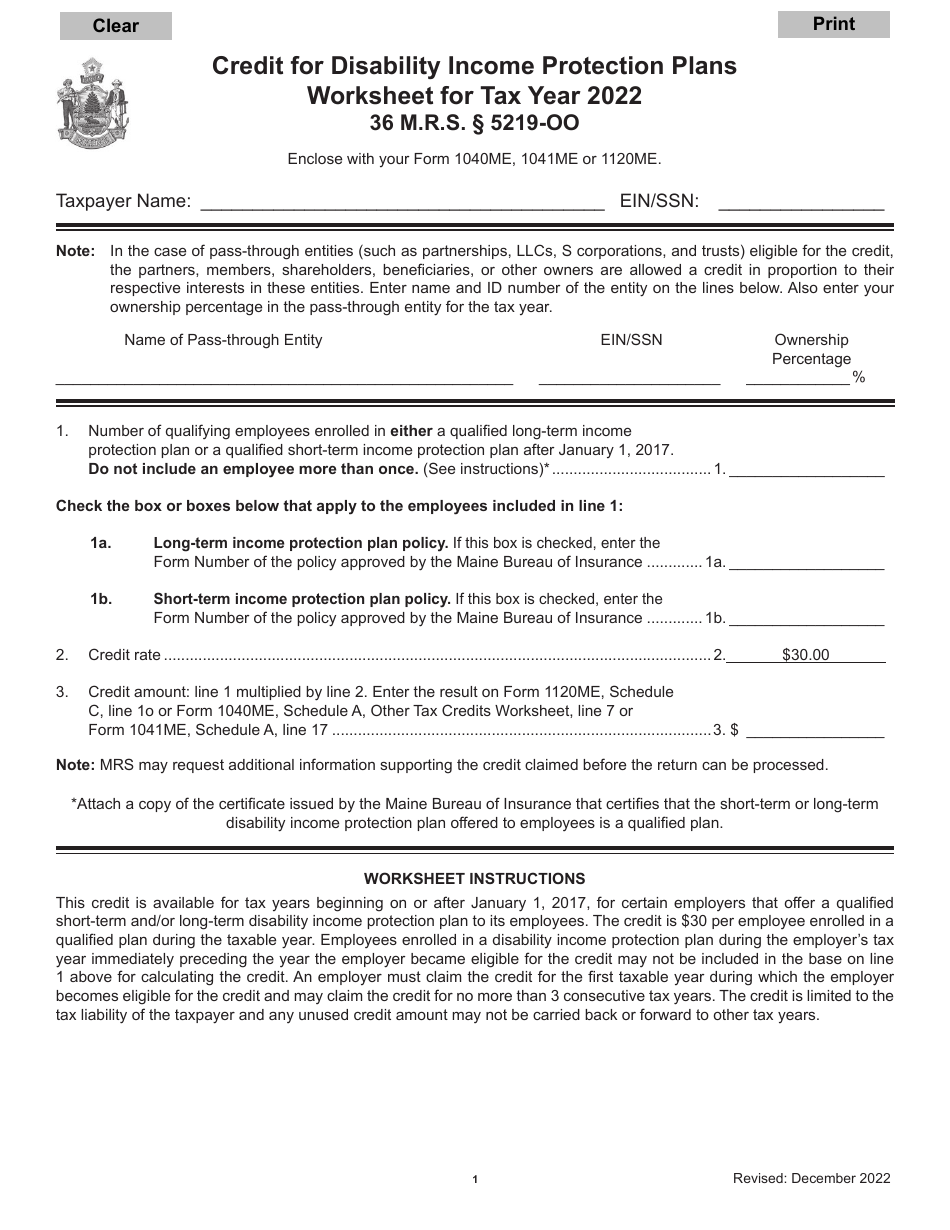 2022 Maine Credit for Disability Income Protection Plans Worksheet ...