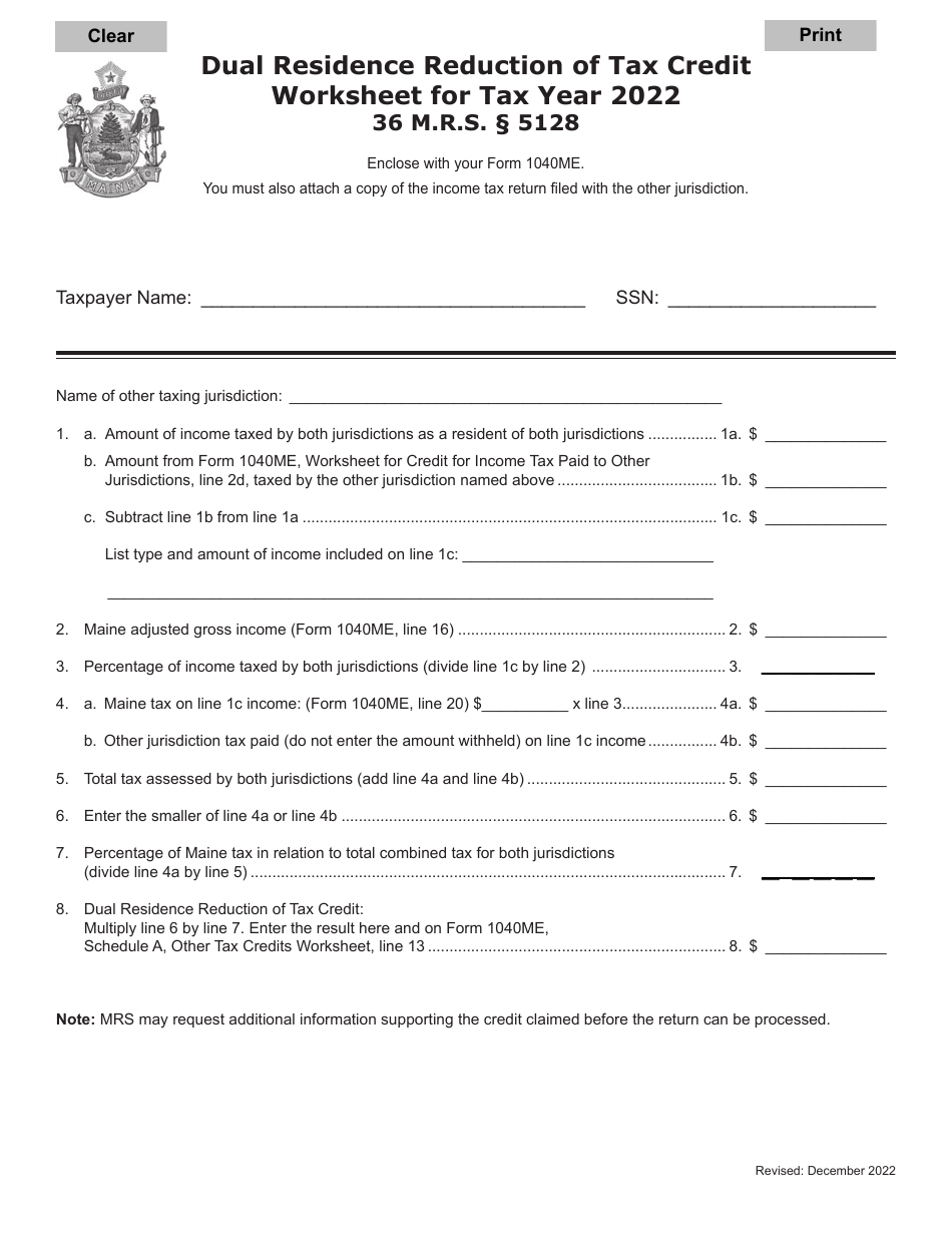 2022 Maine Dual Residence Reduction of Tax Credit Worksheet - Fill Out ...