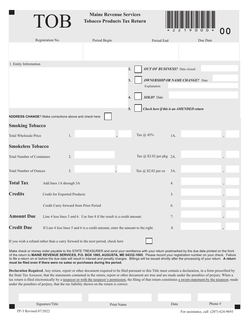 Form TP-3 Download Fillable PDF or Fill Online Tobacco Products Tax Return, Maine 2020 — 2025 ...