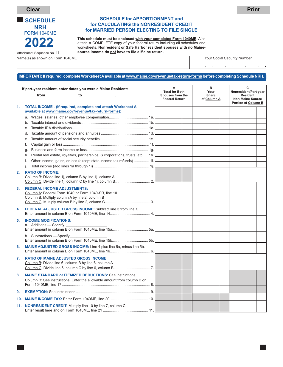 Form 1040ME Schedule NRH Download Fillable PDF or Fill Online Schedule ...