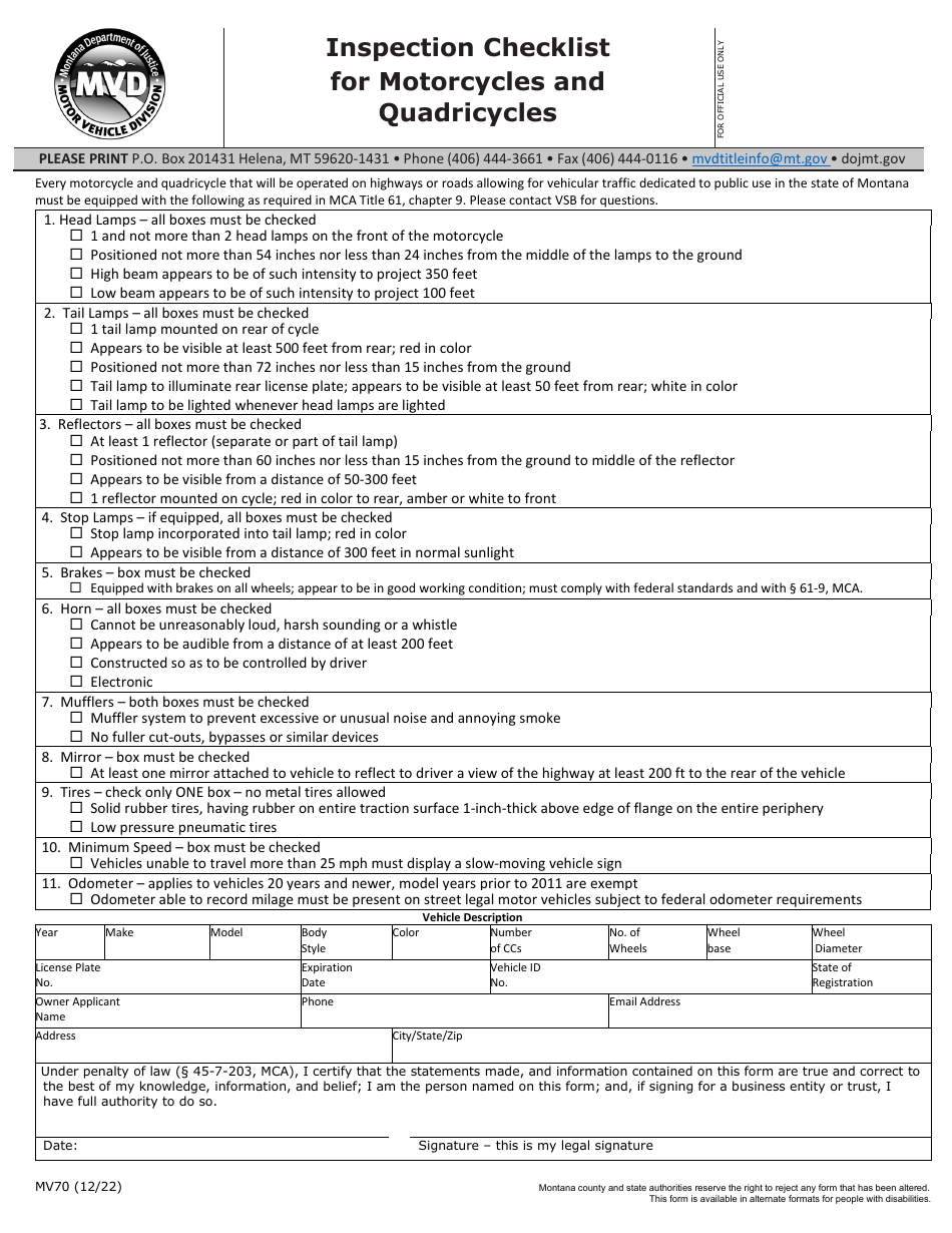 Form MV70 Download Fillable PDF or Fill Online Inspection Checklist for ...