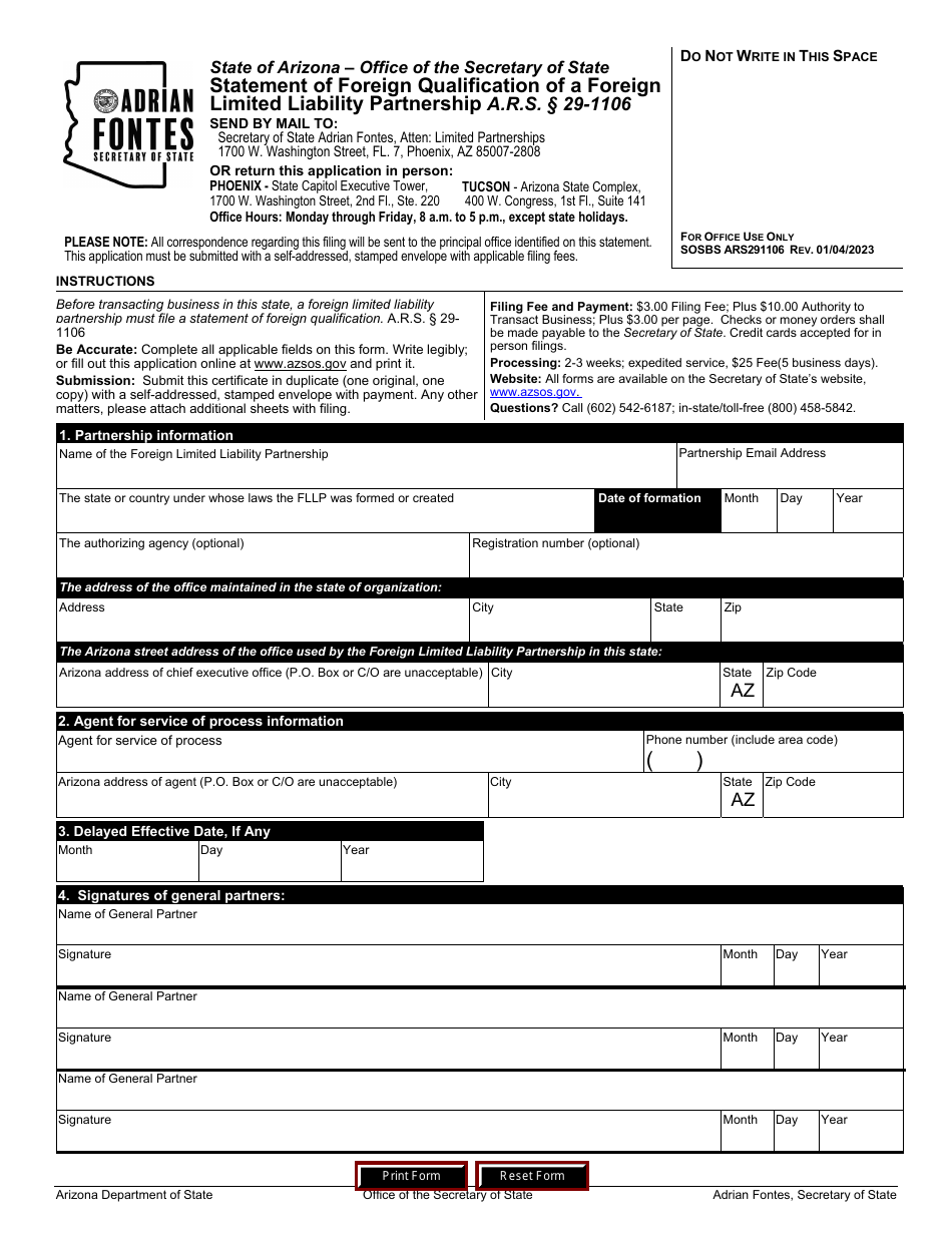 Arizona Statement of Foreign Qualification of a Foreign Limited Liability Partnership Download ...