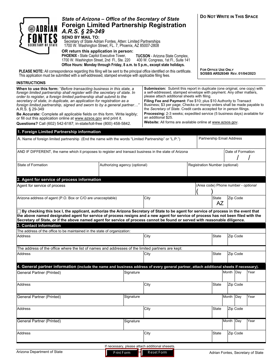 Arizona Foreign Limited Partnership Registration Download Fillable PDF ...