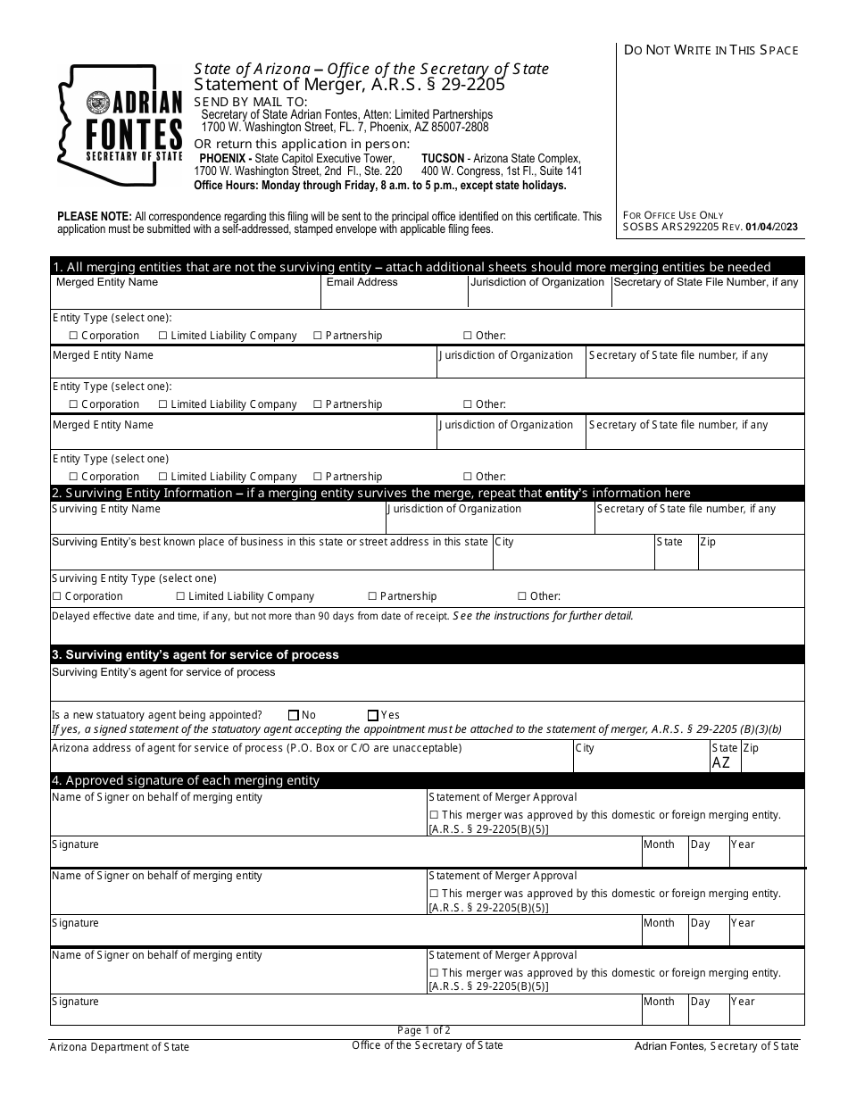 Arizona Statement of Merger - Fill Out, Sign Online and Download PDF ...