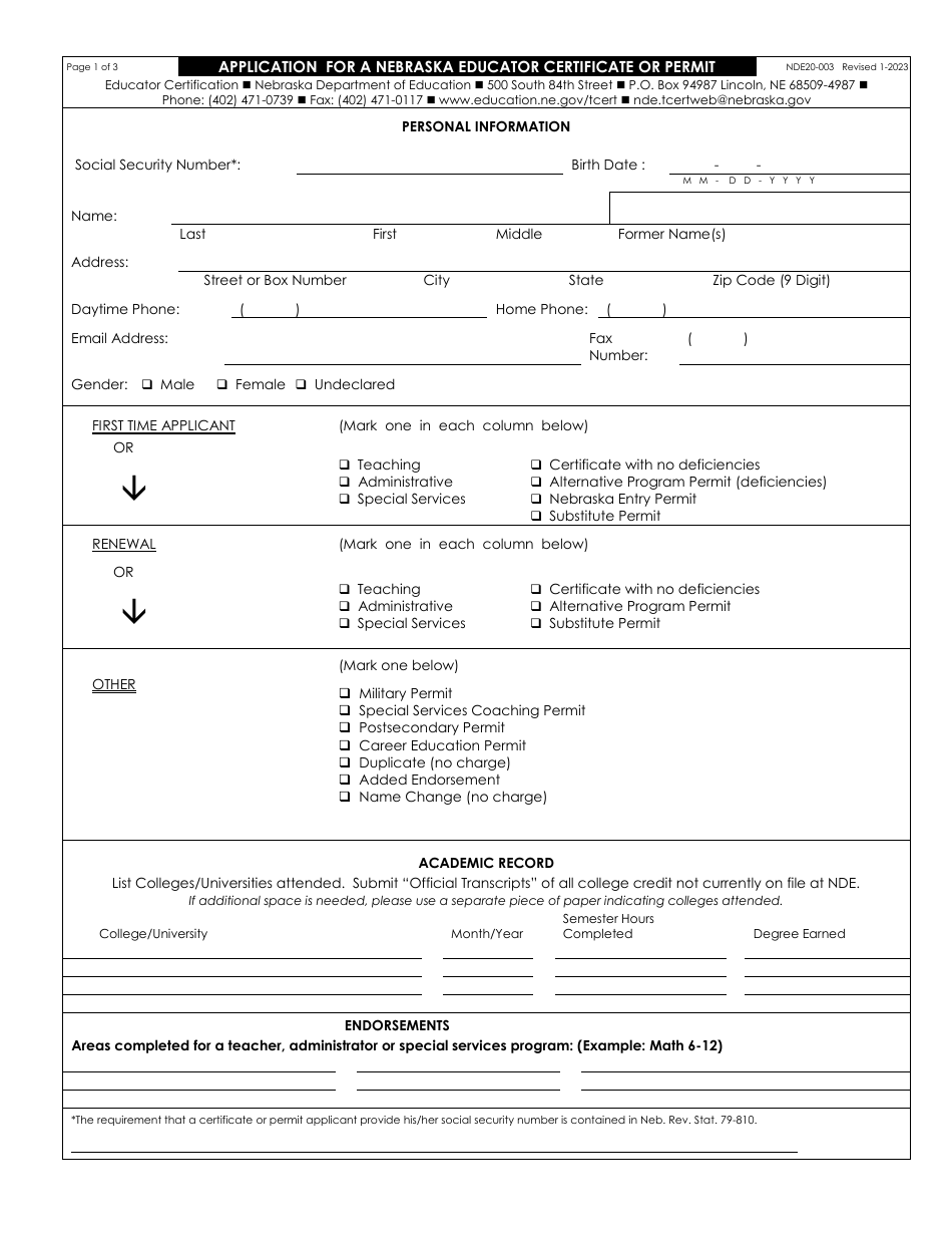 NDE Form 20-003 Download Printable PDF or Fill Online Application for a ...