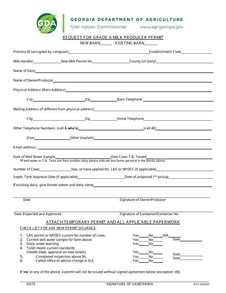 Georgia (United States) Request for Grade a Milk Producer Permit - Fill ...