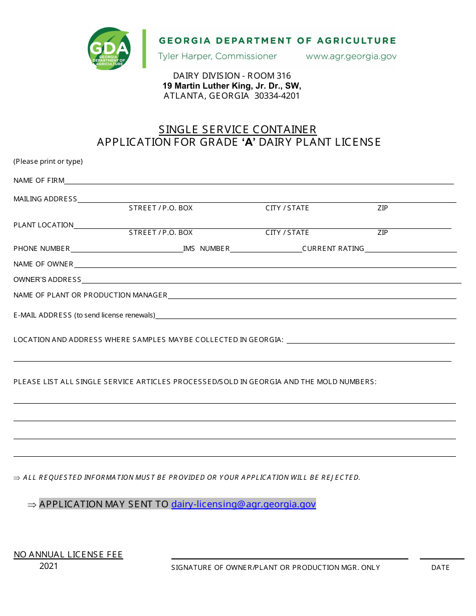 2021 Georgia (United States) Application for Grade 'a' Dairy Plant ...
